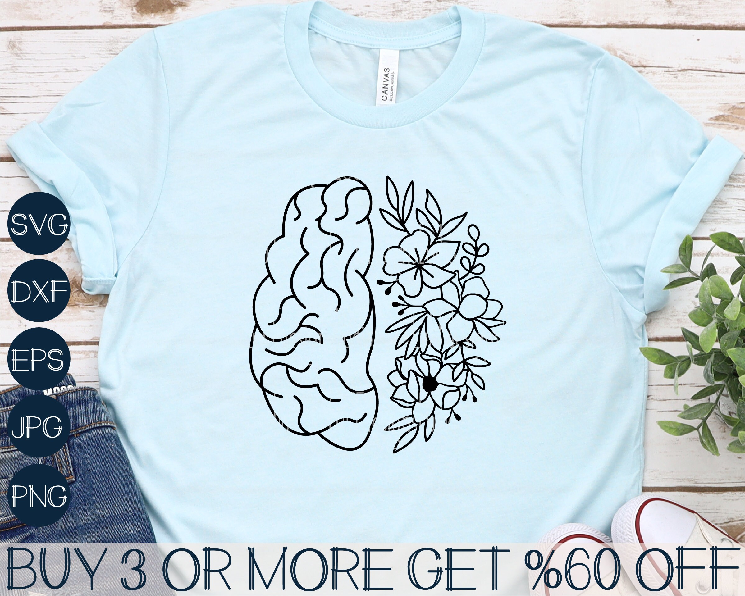 Floral Brain SVG Mental Health SVG Wildflower Half Brain | Etsy