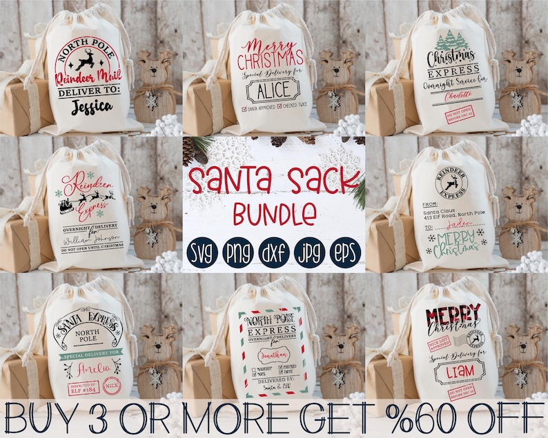 Santa Sack SVG Bundle, Weihnachtssack SVG, personalisierte Geschenktüte ...