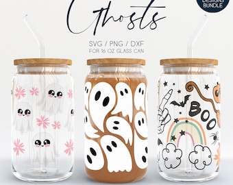Halloween 16oz Glass Can Wrap PNG | Cute Ghost Glass Cup Wrap | Boo ...