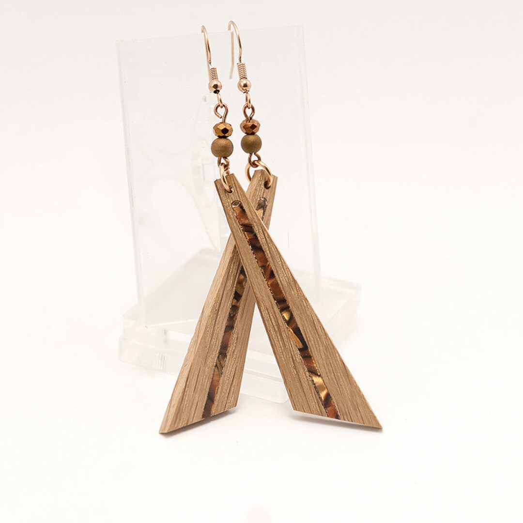Reba. Oak Triangle Wooden Earrings With Brown-gold Shell Inlay and ...