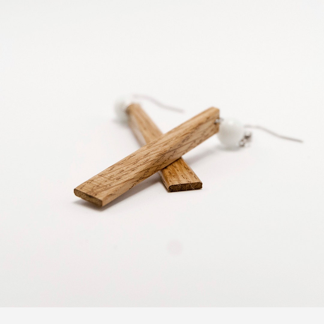 Ariane. Οak Wooden Earrings, in Quadrilateral Shape With White Beads ...
