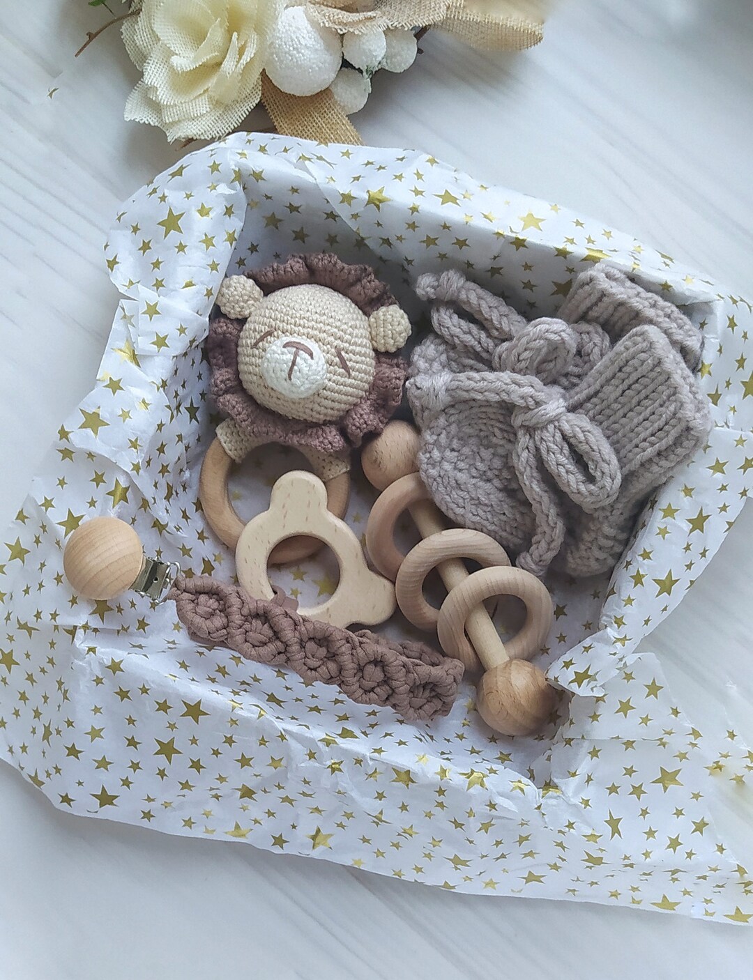 Lion Baby Boy Toy Gift Box, Newborn Gift Set Personalized, Beige Baby ...