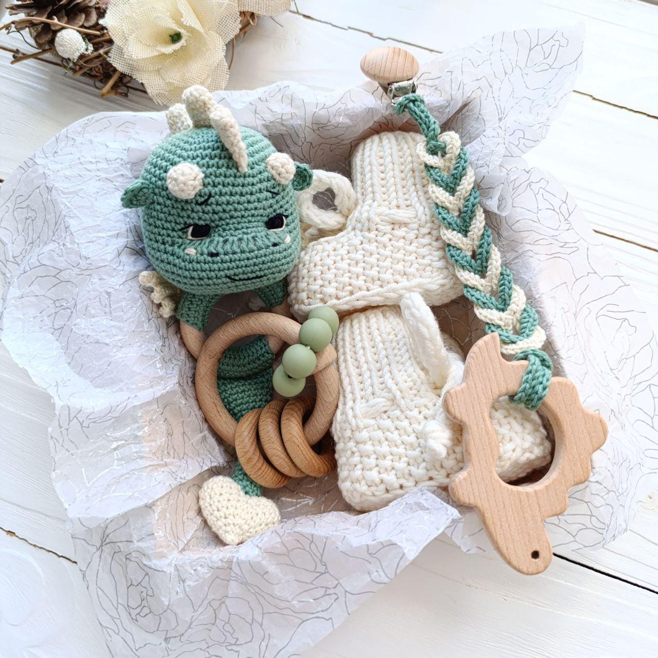 Dragon Baby Gift Basket for Newborn Handmade Dragon Crochet Rattle Toy ...