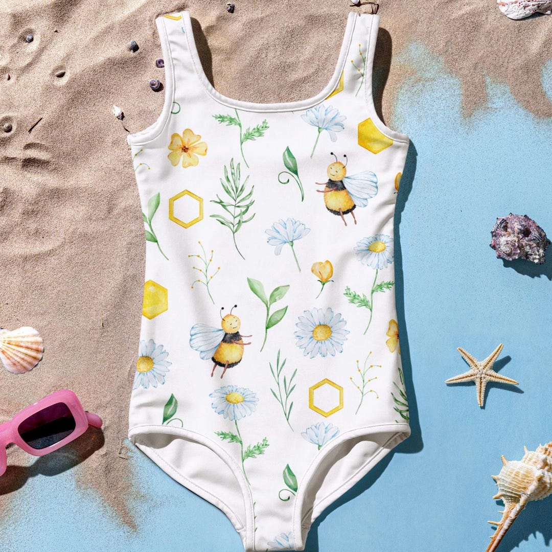 Girls Floral Honey Bee Swimsuit, Kids Yellow and White Bee Swimwear ...