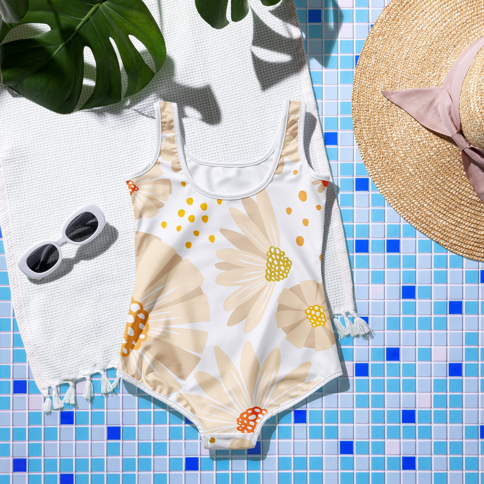 Floral Kids Swimsuit, Groovy Little Girls Swimwear, Daisy Floral ...