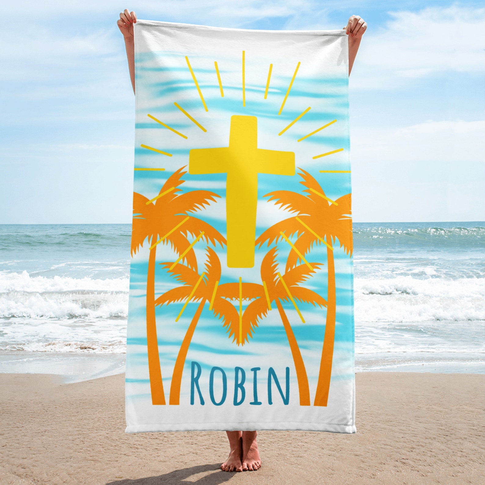 Personalized Cross Over Water Beach Towel, God Jesus Summer Gift, Cross ...