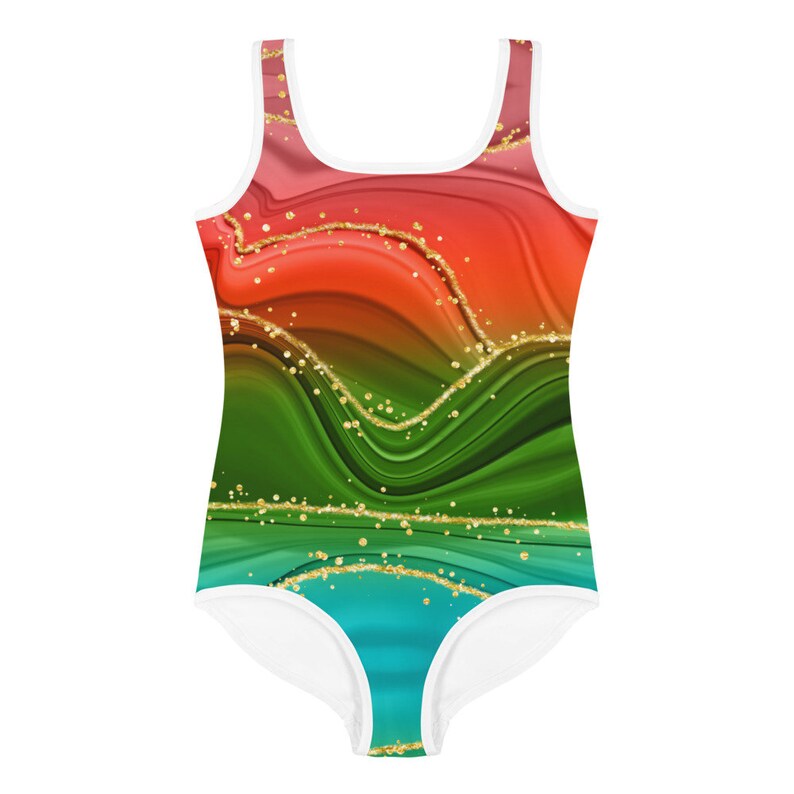 Girls Sparkle Swirl Swimwear, Kids Red Green Blue Swimsuit, Toddler ...