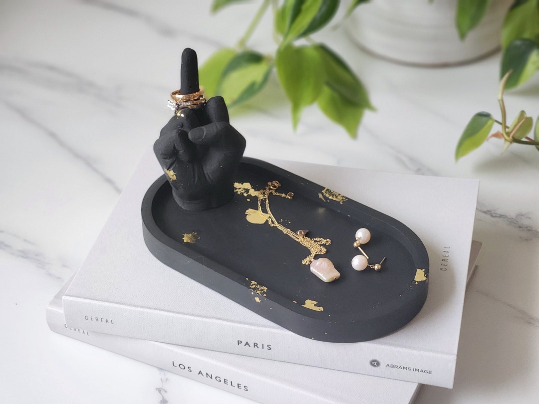 Middle Finger Ring Holder With Oval Tray-black Hand Figurine Statue ...
