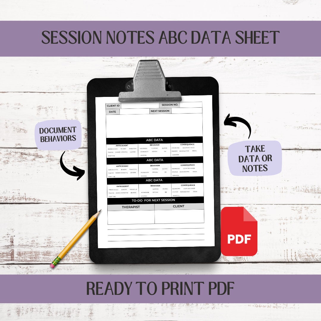 ABC Data Sheet, ABA Digital Download, Aba Session Notes, Aba Therapy ...