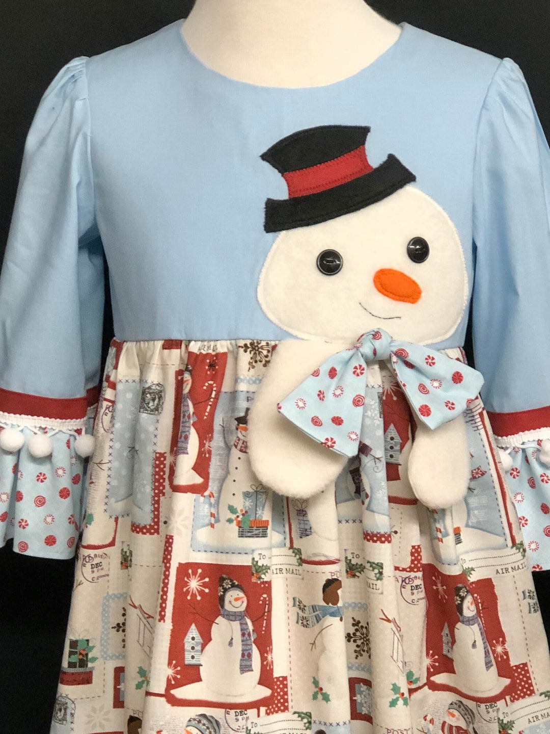 Snowman Appliqué Dress With Ruffle Sleeves and Snowball Accent Trim - Etsy