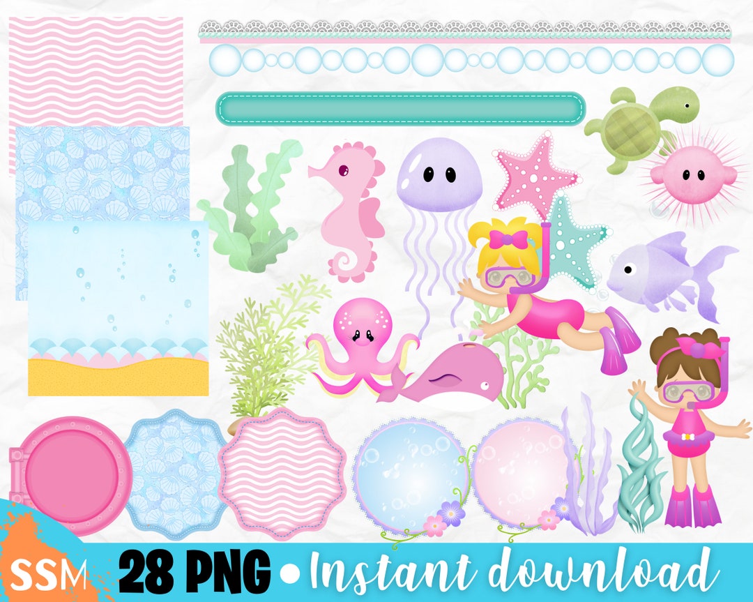 Under the Sea Pink Clipart, Animals Aquatico Pink, Background of the ...