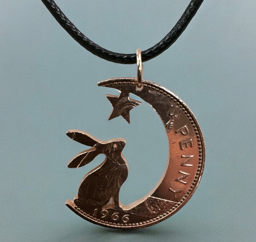 BIG EARS Hare in the Moon Pendant Handmade From Old Coins, Moon Gazing ...