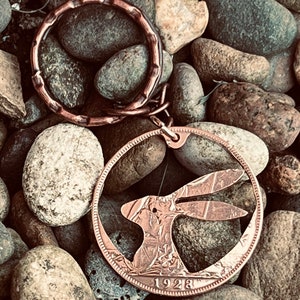 Pendant, Rabbit in the Moon Handmade From Old Coins, Moon Gazing Rabbit ...