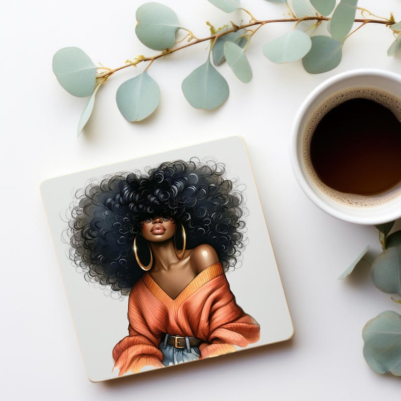 Afro Art Coaster Set | Black Woman Art Coasters | Melanin Queen Home ...