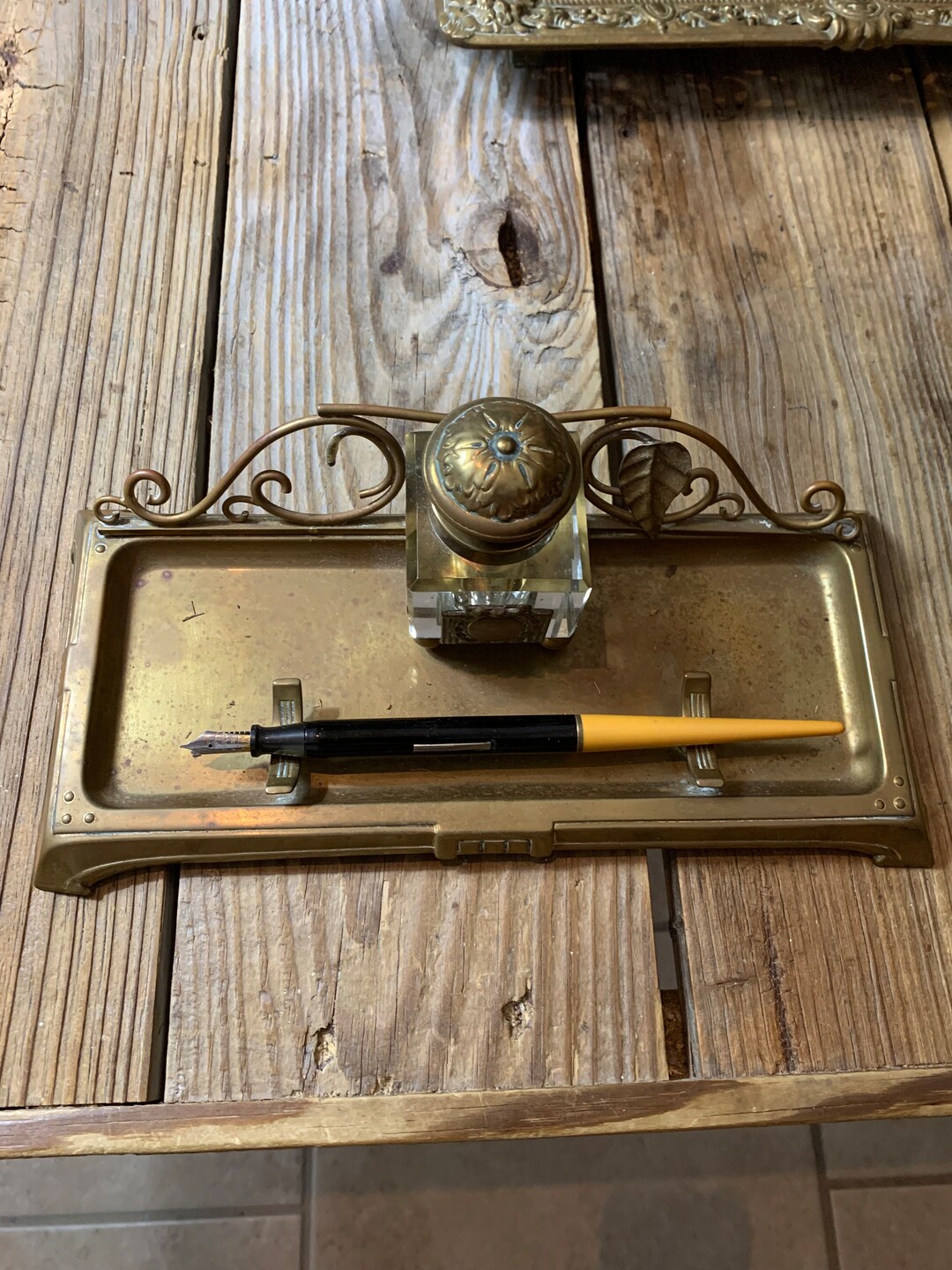Inkwell With Lead Crystal on Center With Pen Tray and Pen Stand Solid ...
