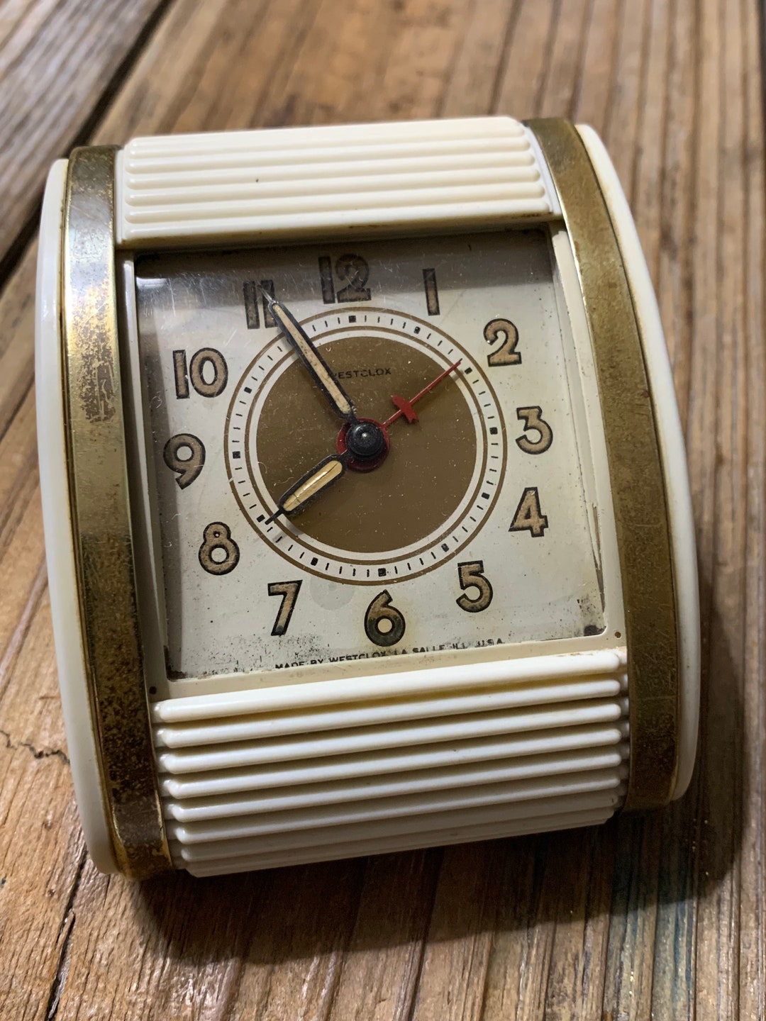 Rare WESTCLOX Ca 1930 Art Deco Alarm Clock in White Bakelite and Brass ...