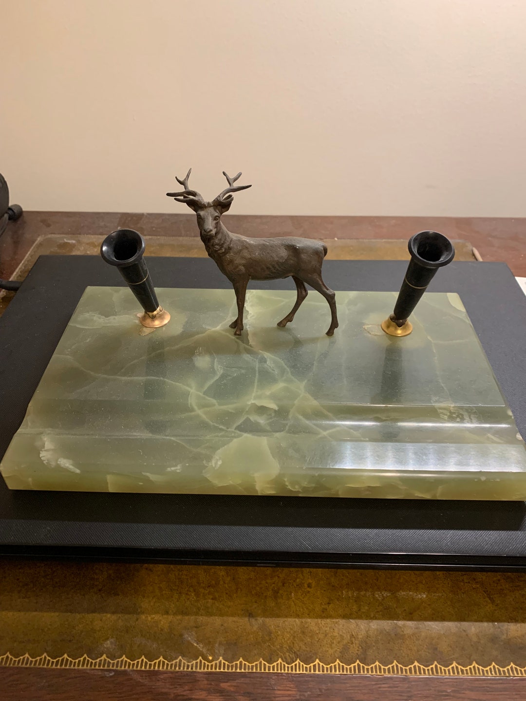 Bronze Elk With Two Fountain Pen Holder Desk Set Believe to Be Vianna ...