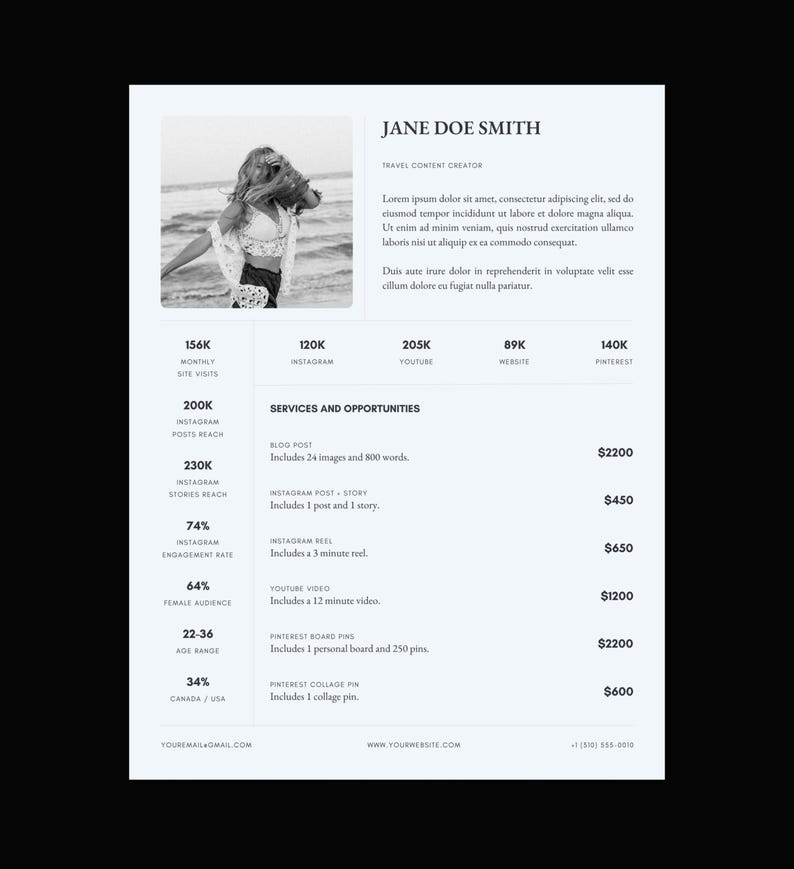 1 Page Social Media Kit Template, Canva Template, Influencer Rate Sheet ...