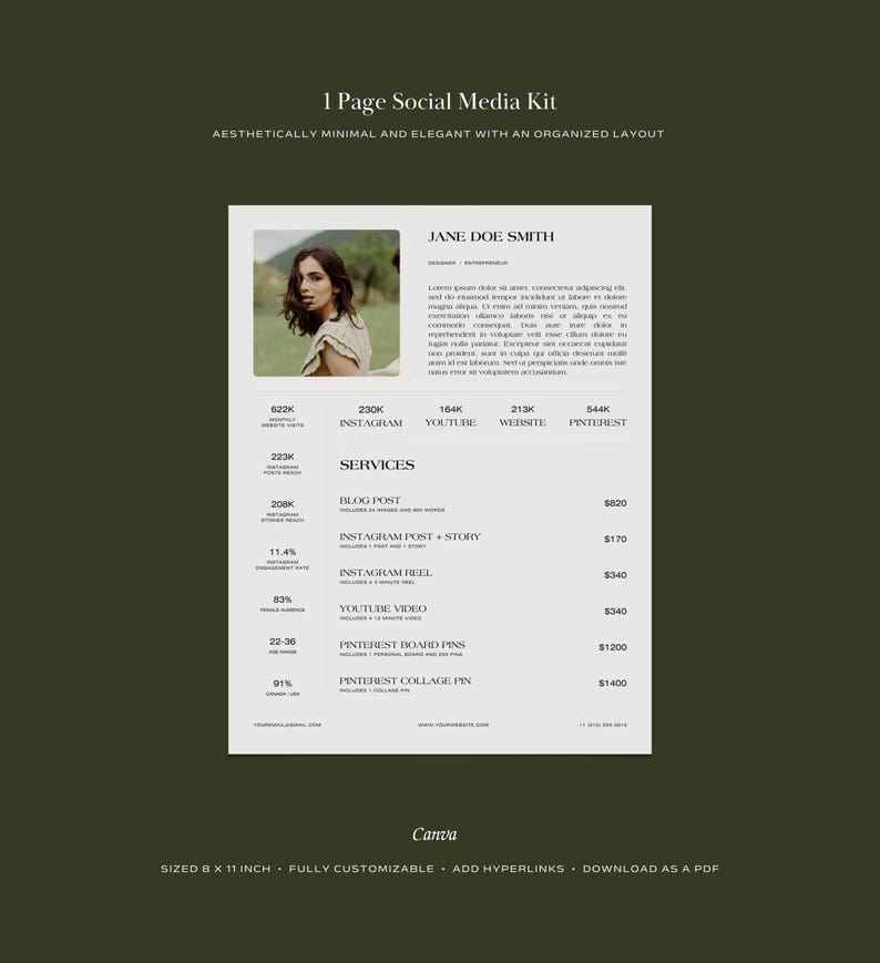 1 Page Social Media Kit Template, Canva Template, Influencer Rate Sheet ...