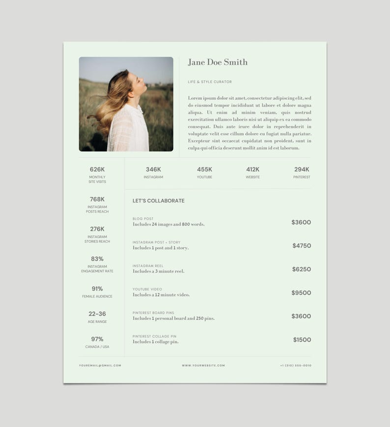 1 Page Social Media Kit Template, Canva Template, Influencer Rate Sheet ...