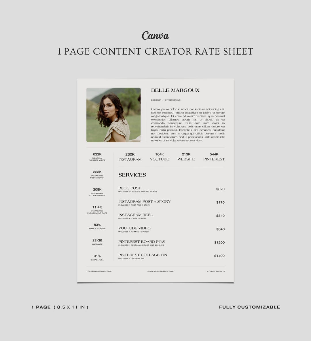 1 Page Social Media Kit Template, Canva Template, Influencer Rate Sheet ...