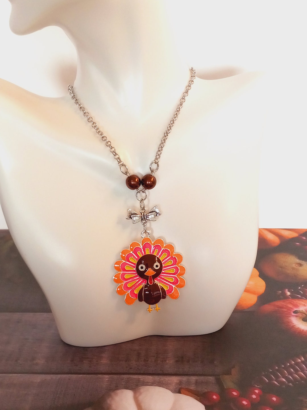 Beautiful Turkey Pendant, Enameled, Large Turkey, Fun Turkey Bow ...