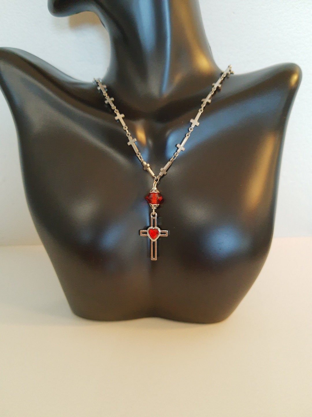 Red Heart and Cross Necklace - Etsy