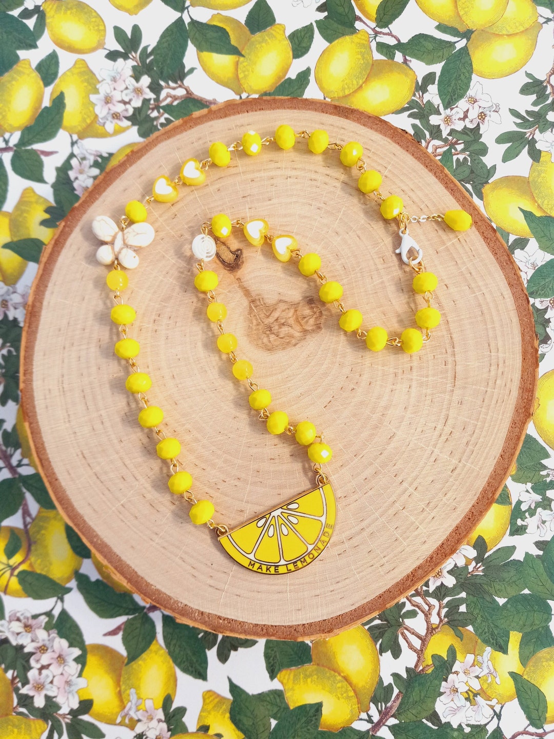 Glass Beaded Yellow and White Enameled Lemon Slice Necklace, Large - Etsy