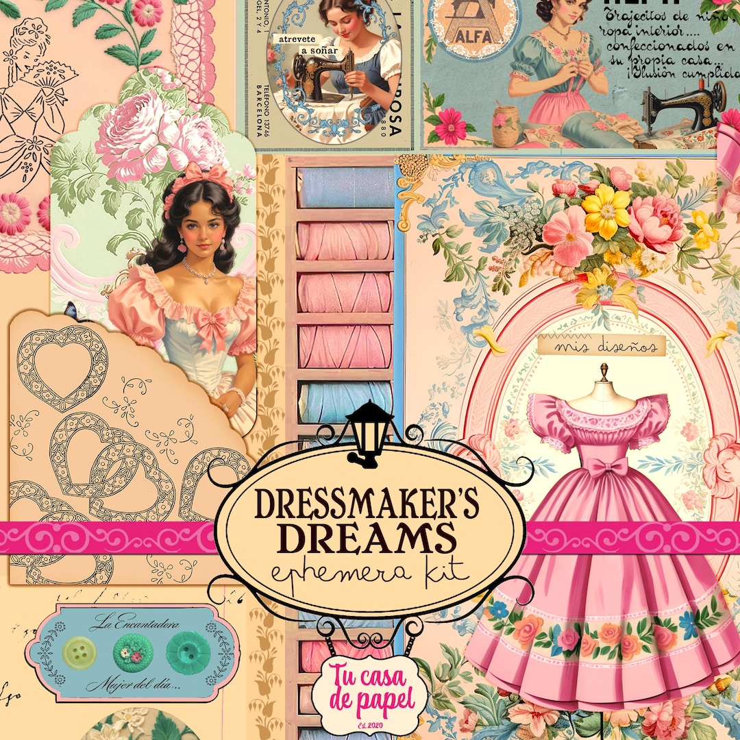 DRESSMAKER’S DREAMS - Sewing Notions & Paper Doll Dresses Ephemera Kit ...