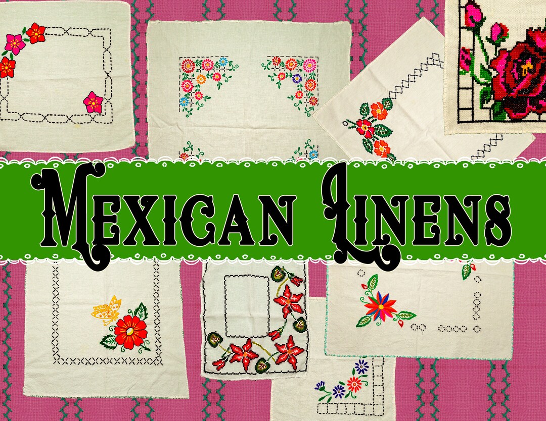 DIGITAL Vintage Linens Napkins Doilies, Mexican Embroidery Fabric ...