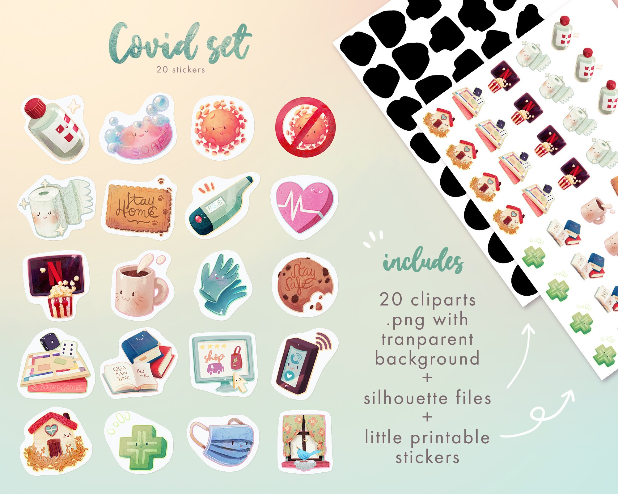 20 Quarantine Printable Stickers COVID Clipart Medical Clipart - Etsy