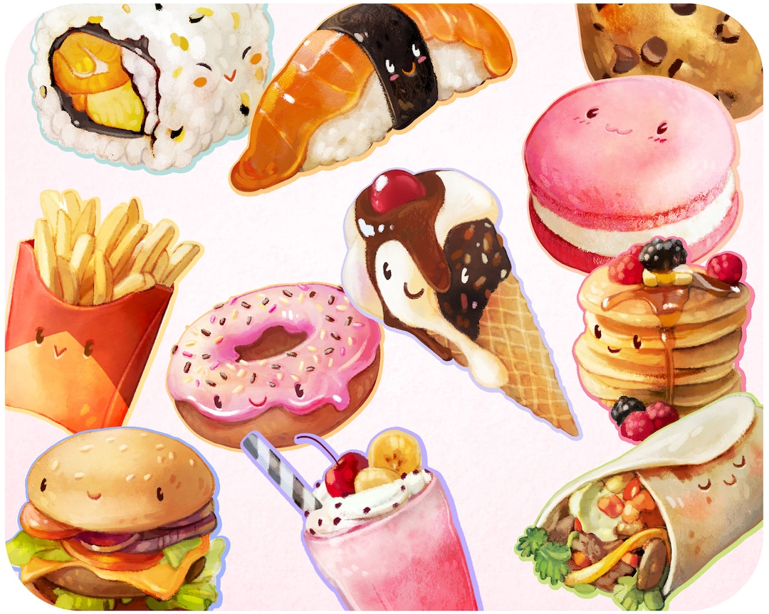 20 Delicious Food Clipart Set Baby Donut Clipart Cute Pizza Sticker ...
