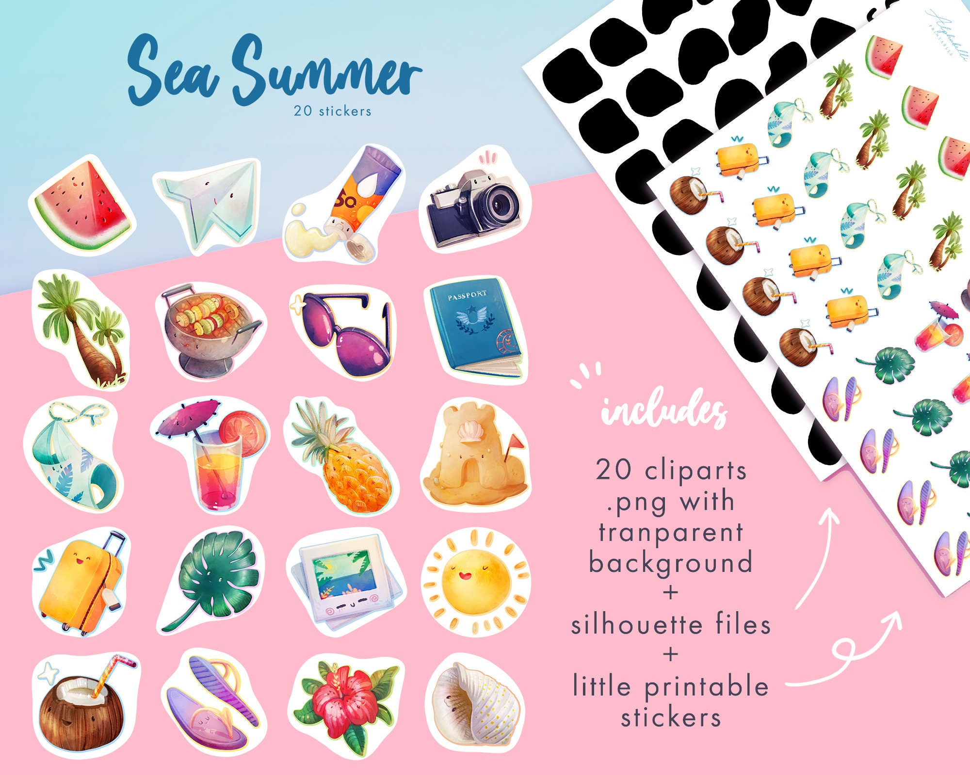 20 Watercolor Summer Clipart Set Cute Watermelon Clipart - Etsy