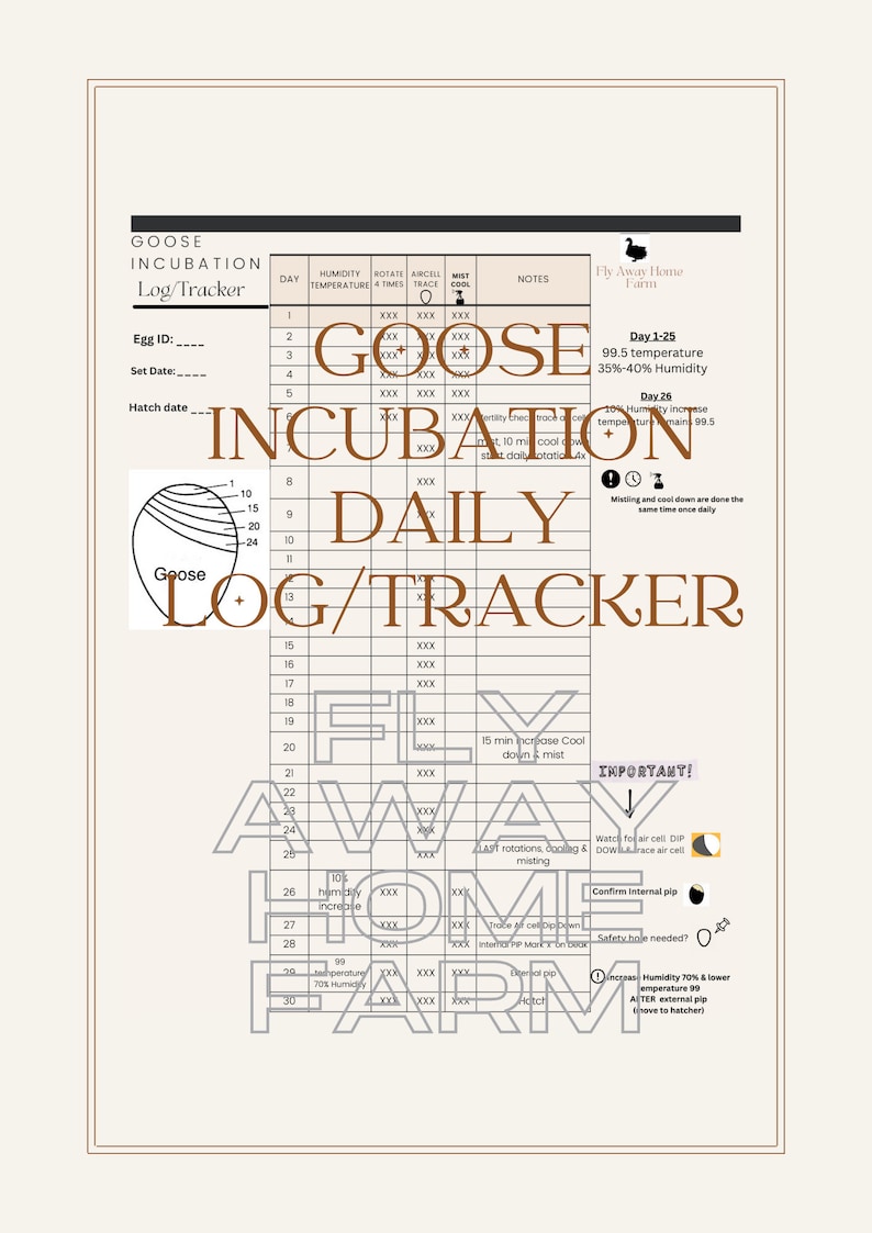 Goose Egg Incubation Guide: Calendar, Log, Humidity Tracker (digital ...