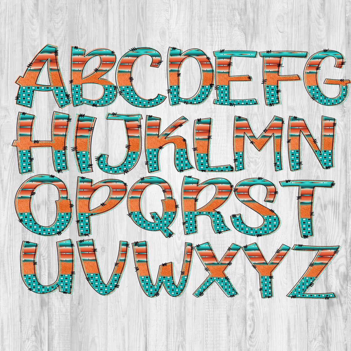Teal and Orange Serape Alphabet PNG, Letters, Doodle, Sublimation - Etsy