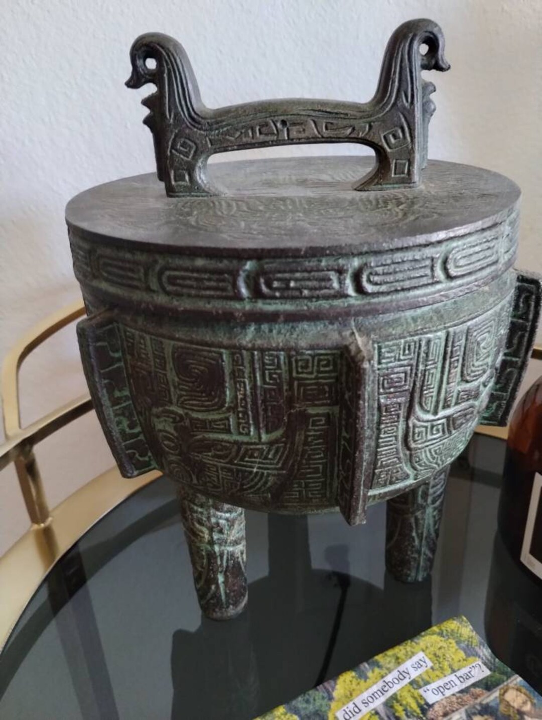 James Mont Style Asian Ice Bucket Chinese Cast Faux Bronze Patina Jade ...