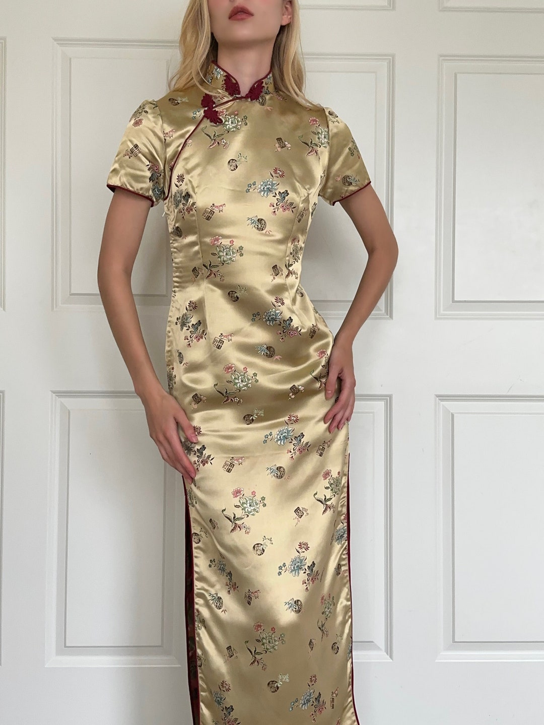 90s Silk Cheongsam Dress Gold and Burgundy Red, Size S #10121 - Etsy