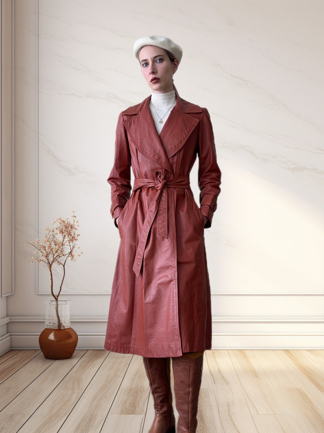 Vintage 70s Brick Red Leather Long Coat Size S 10182 - Etsy