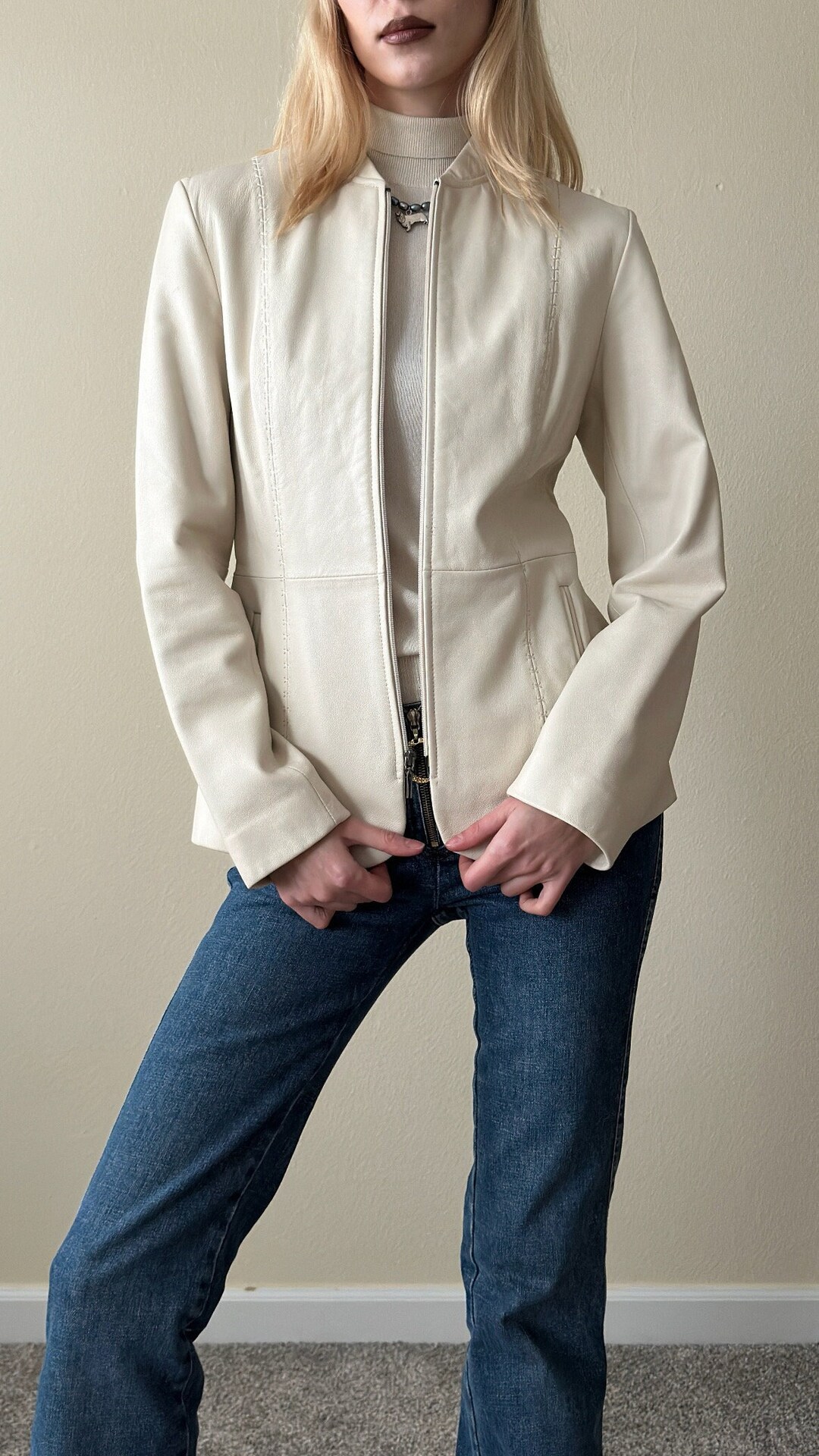 Vintage Classic 90s Ivory Leather Jacket, Size S - Etsy