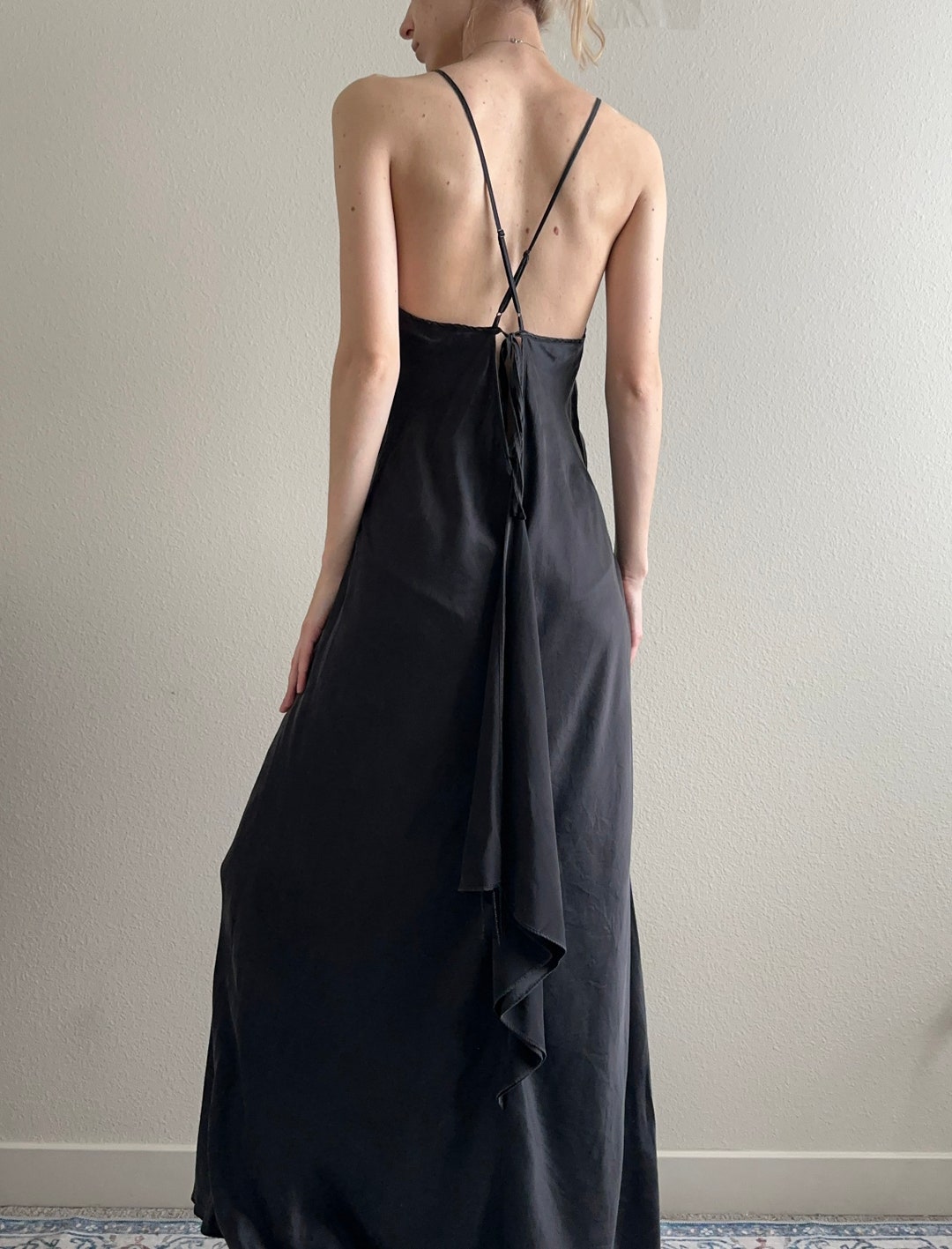 90s Black Silk Open Back Slip Dress, Size L #10022 - Etsy