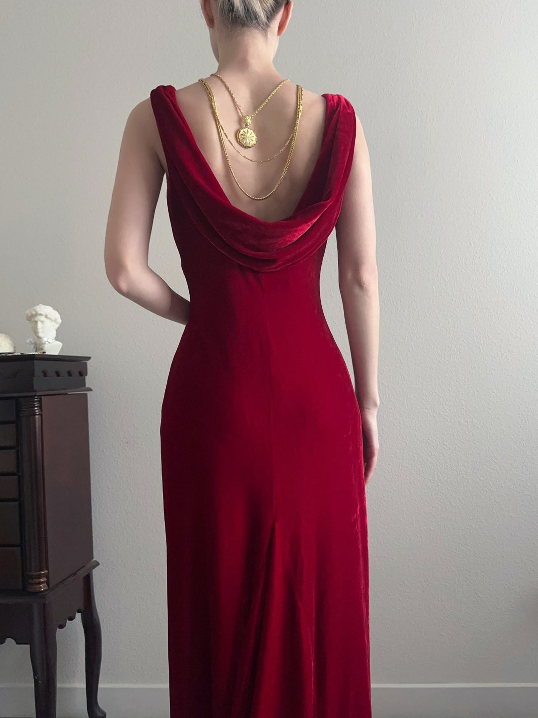 90s Red Velvet Low Cowl Back Evening Gown, Dress, Size L 10221 - Etsy