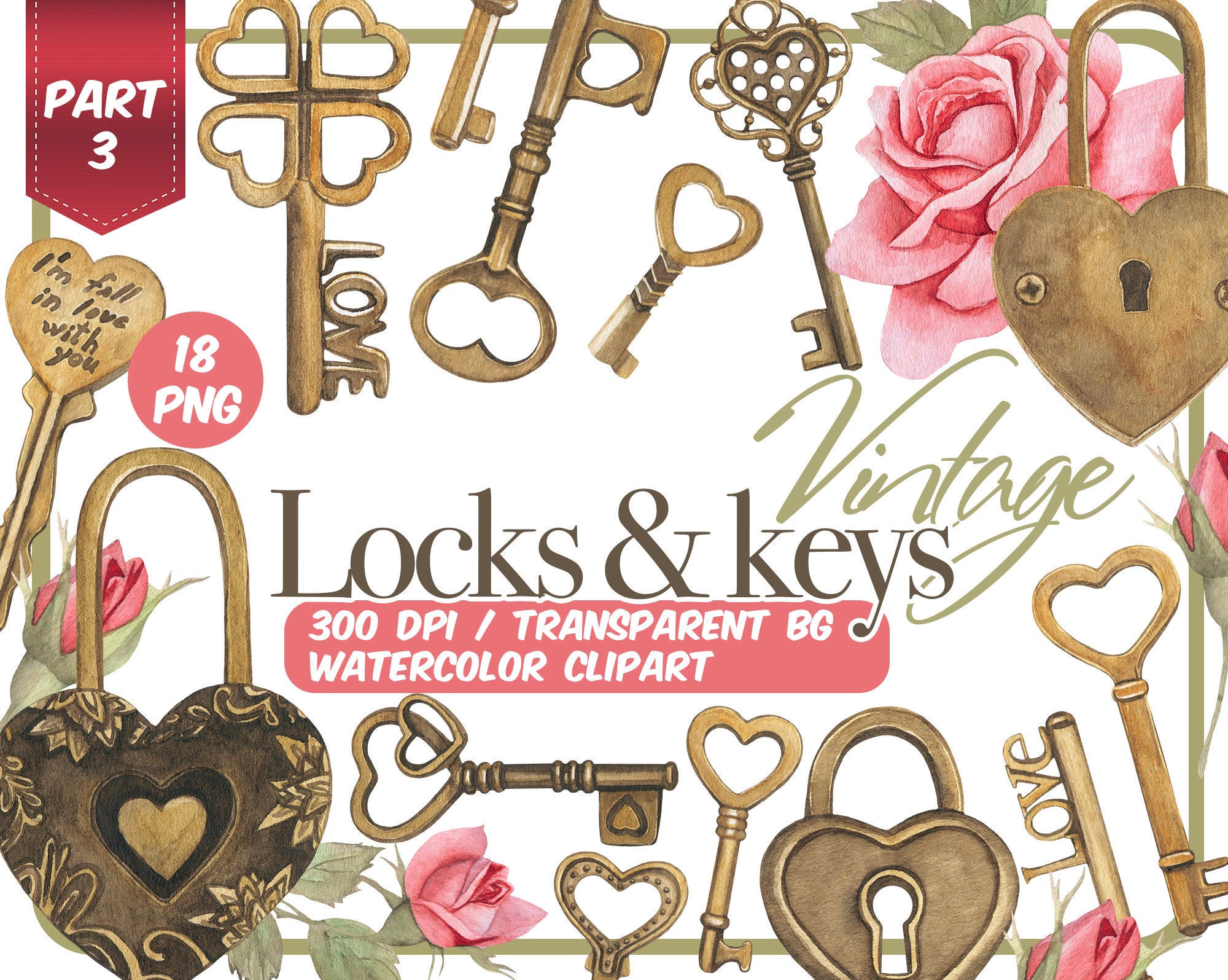 Watercolor vintage Keys and locks clip art-Bronze Antique | Etsy