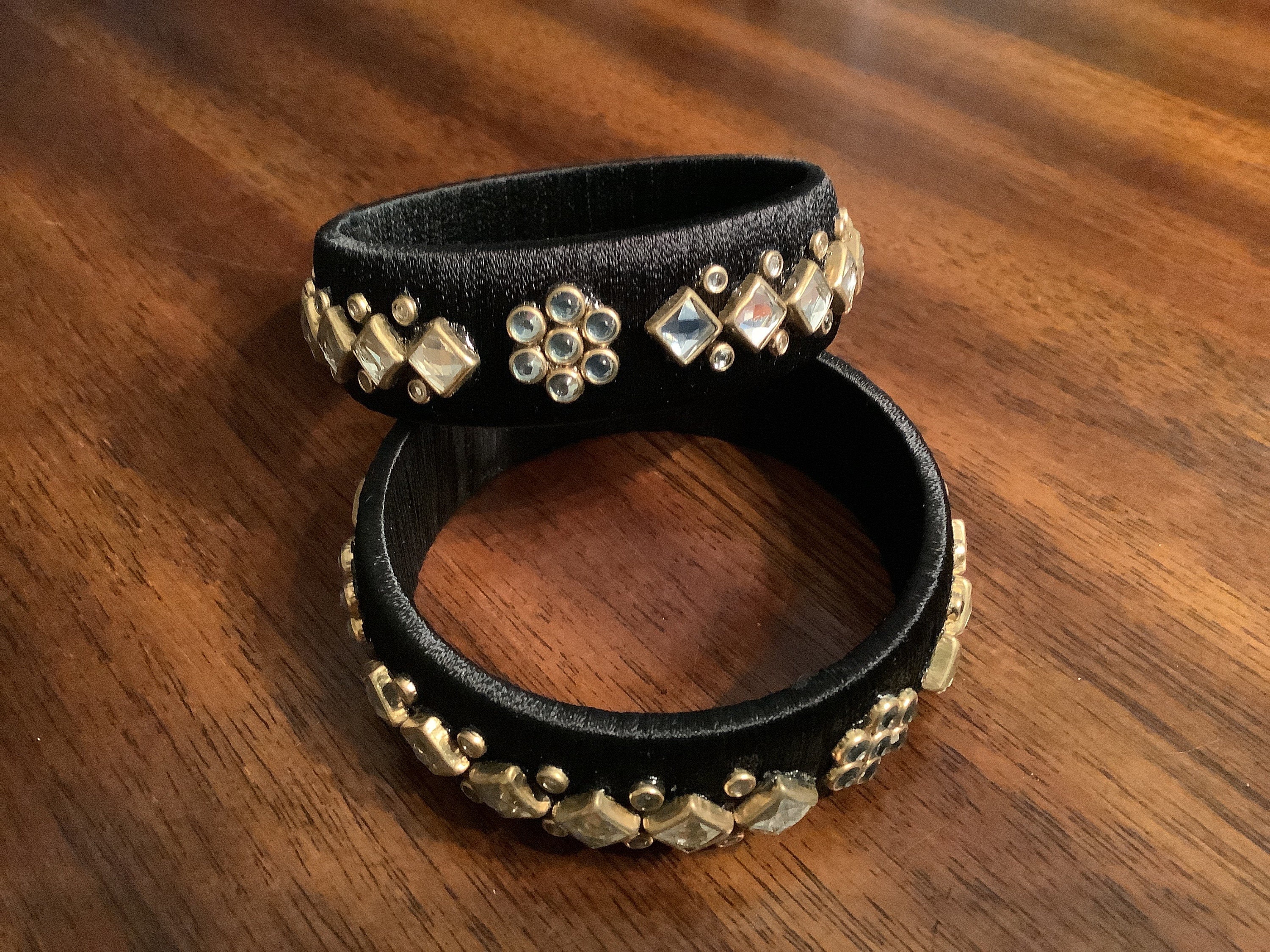 Black Silk Thread Bangle W/ Kundan Diamonds & Flower Design. - Etsy