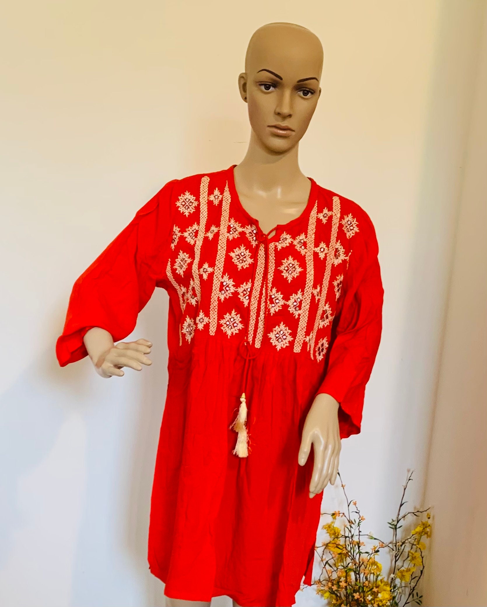 Cotton Linen Red Kurti Cross and Satin Stitch Tussle String on Neck ...