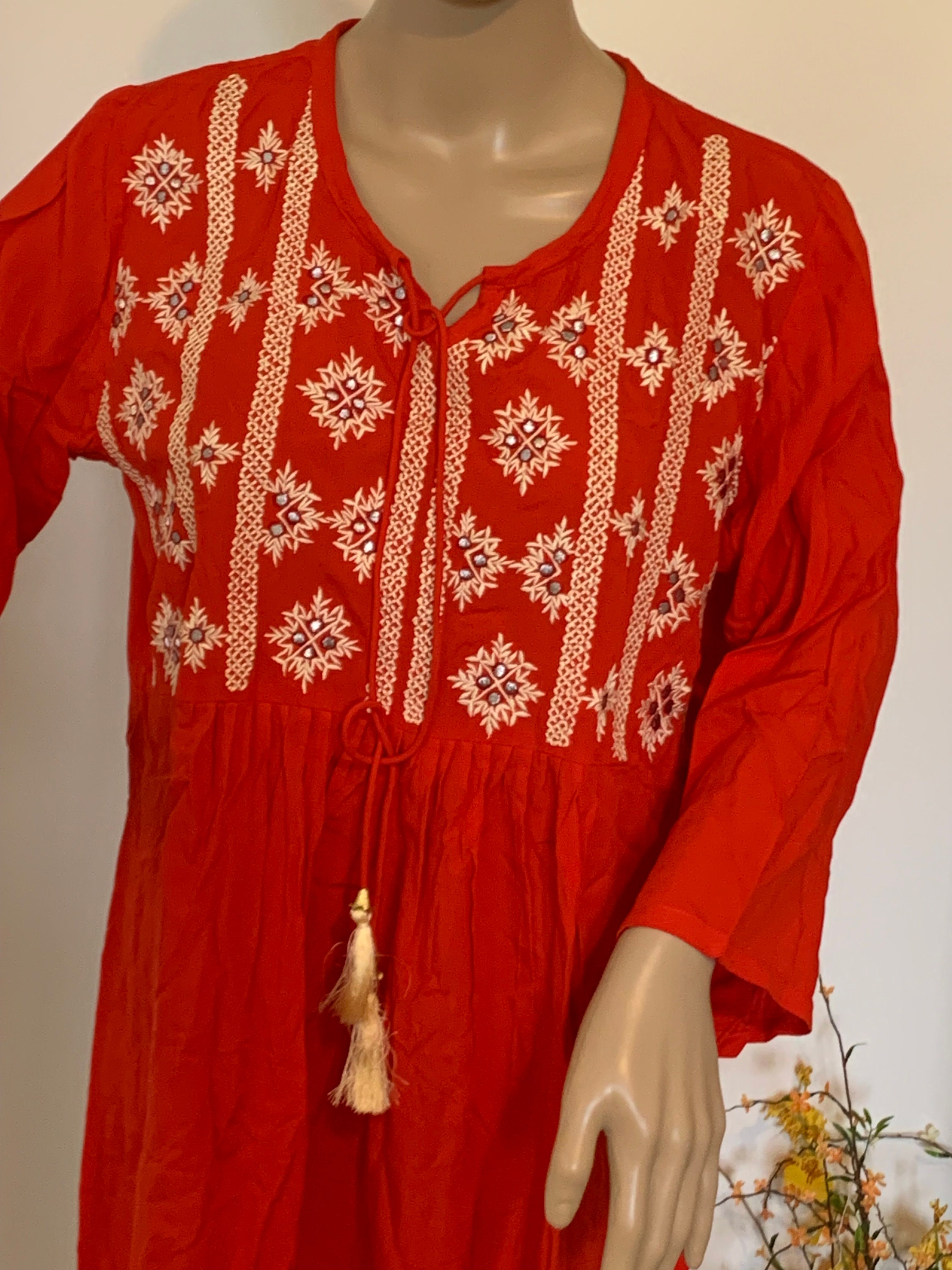 Cotton Linen Red Kurti Cross and Satin Stitch Tussle String on Neck ...