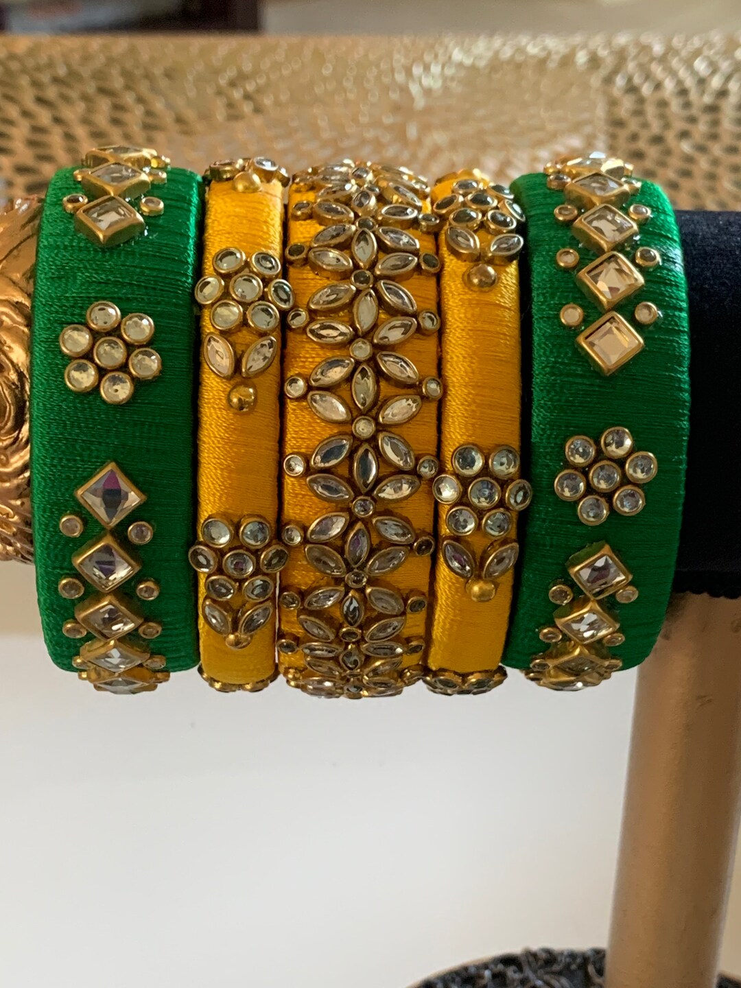Green and Yellow5 Piece Reshmi Silk Thread Bangle Set Has 3 Medium ...