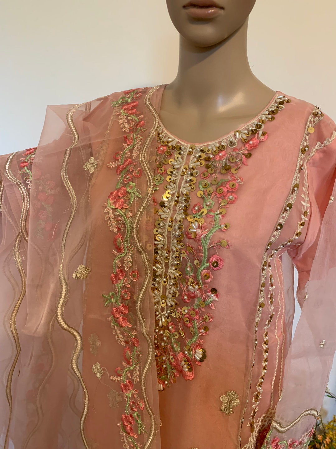 2 Piece Peach Muslin Pakistani Designer Suit With Pearl Katdana Sequins ...