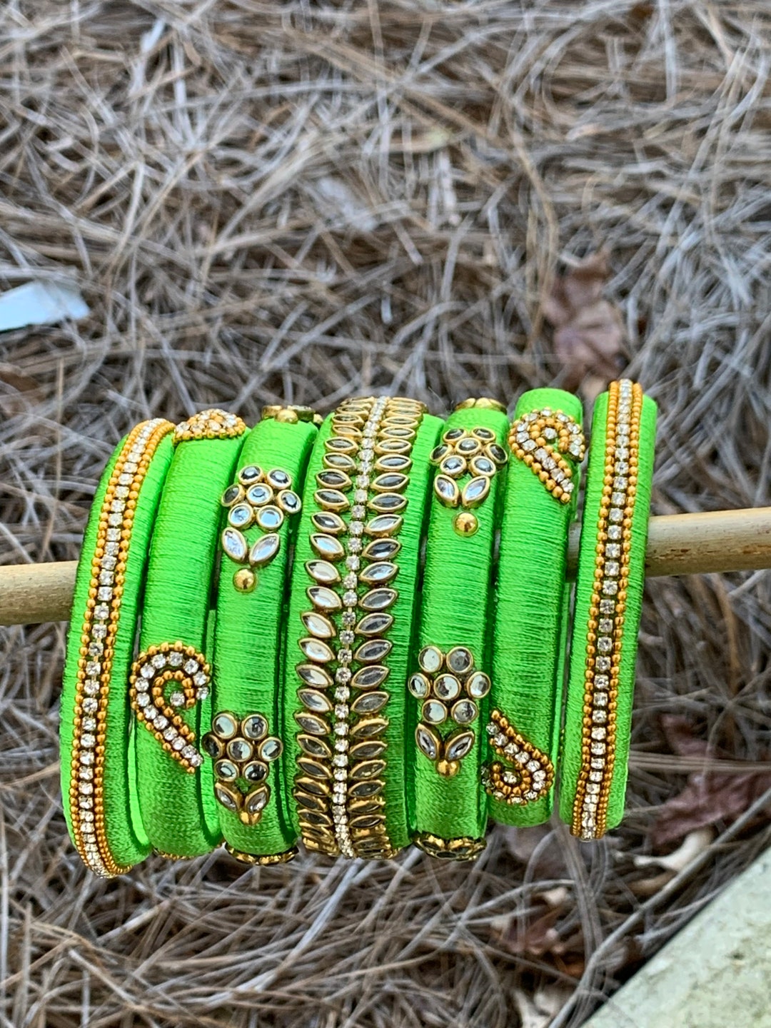 Parrot Green7 Piece Reshmi Silk Thread Thin Width and Med Width Bangles ...