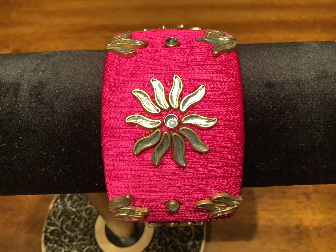 Handmade Wide Width Hot Pink Reshmi Silk Thread Bangle W/ Kundan Flower ...