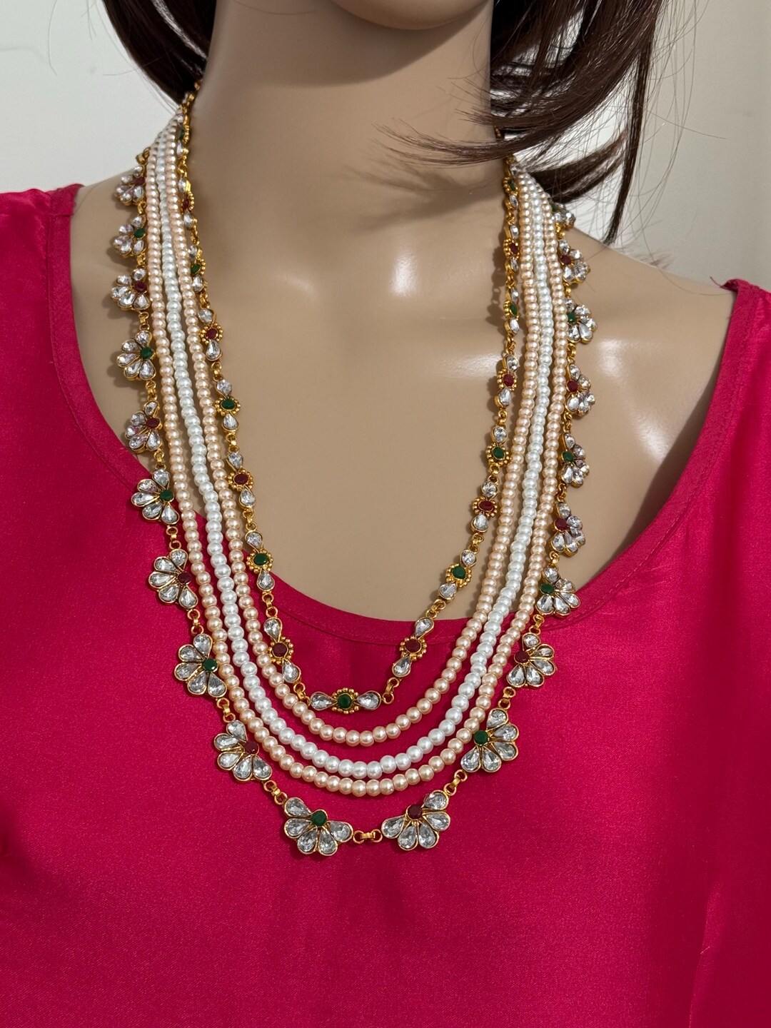 White and Pink Pearl,golden 5 Long String Necklace.adjustable Cord ...